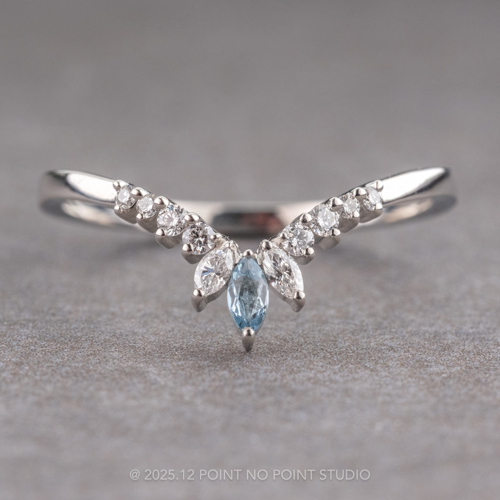 Cleo Wedding Ring, Aquamarine Marquise, 10 Diamond, Loaf Band, Point No ...